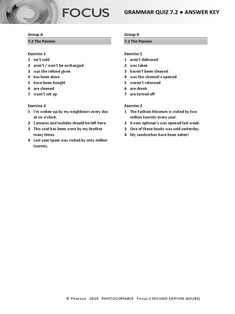 Focus2 2E Grammar Quiz Unit7 2 GroupA B ANSWERS | PDF