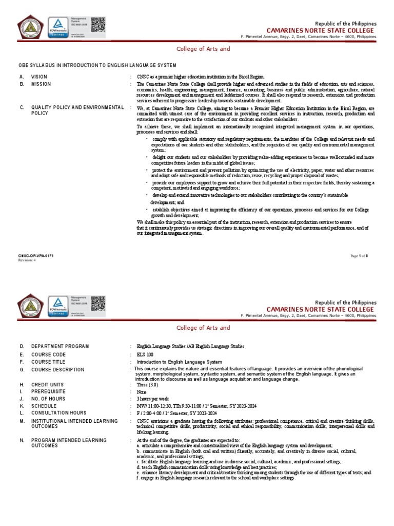 Ogayon - Els 100 - Syllabus - Els | PDF | Linguistics | Learning