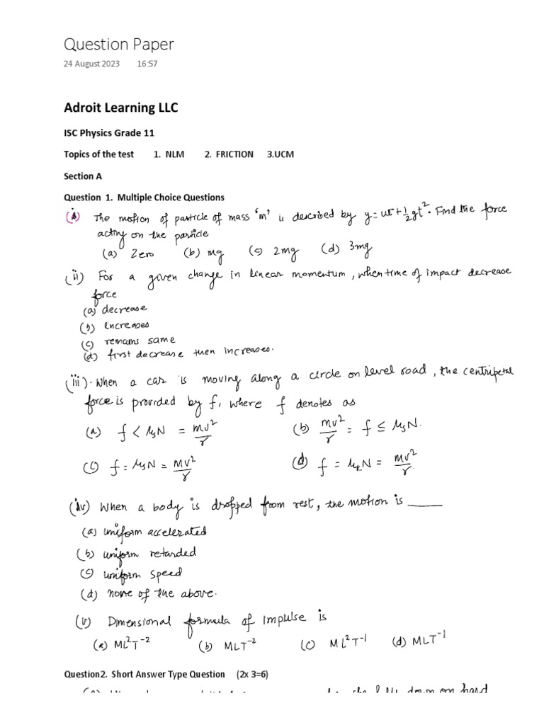 ISC Class XI - Physics Test Paper | PDF
