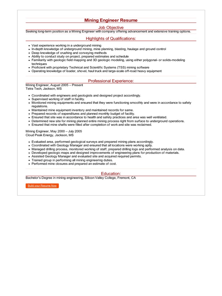 Mining Engineer Resume | Download Free PDF | Mining | Engineer