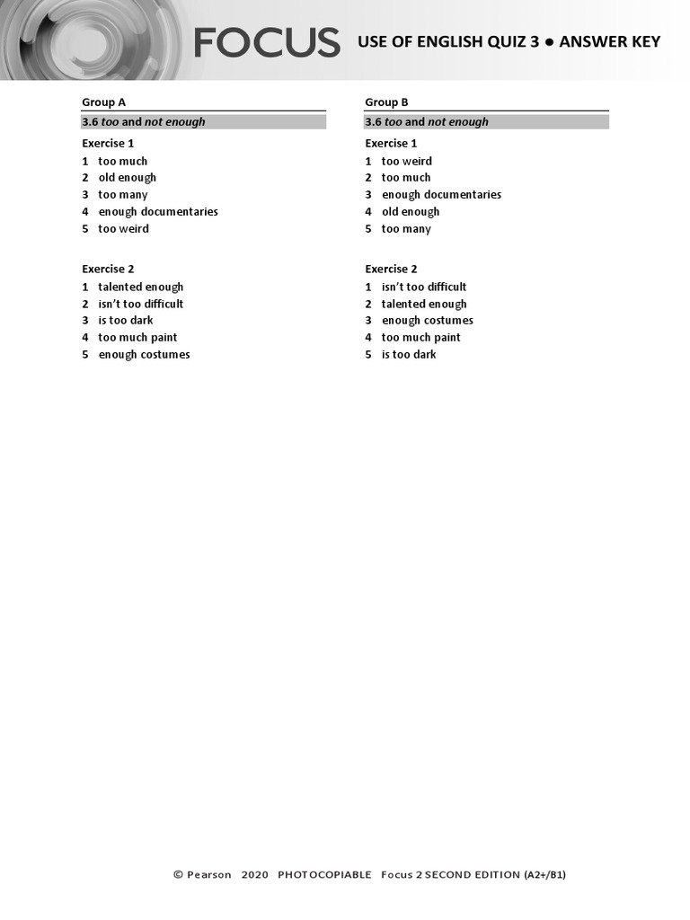Focus2 2E UoE Quiz Unit3 GroupA B ANSWERS | PDF