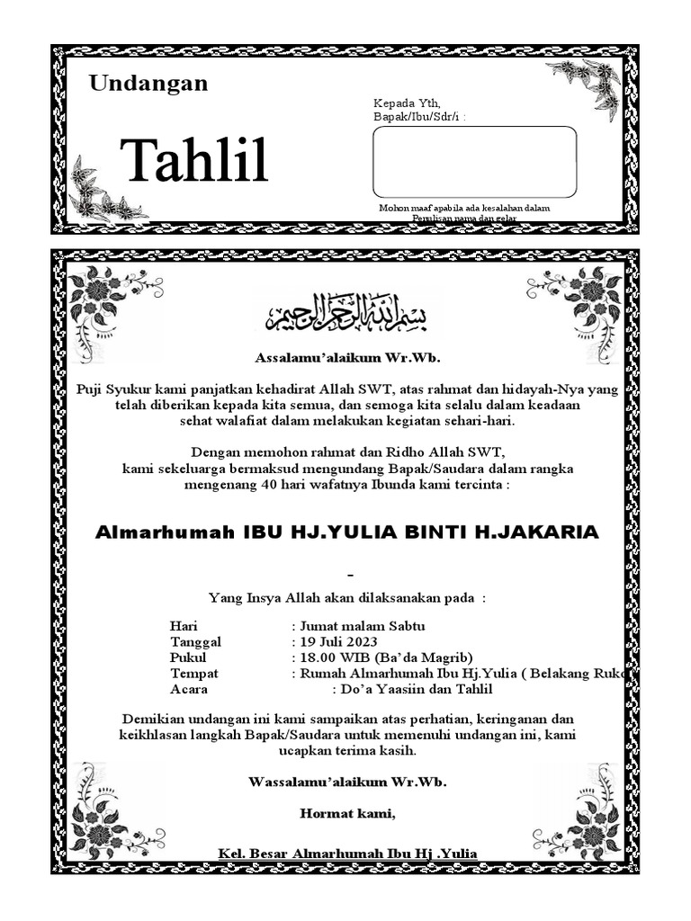 Contoh Surat Undangan Tahlil 40 100 1000 | PDF