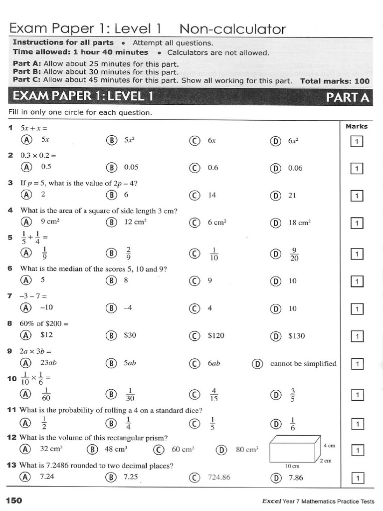 Yr 7 Practice Exam Paper 1 | PDF