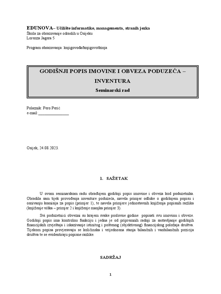 KI - 1.seminar - Godišnji Popis Imovine I Obveza Poduzeća - GCM | PDF