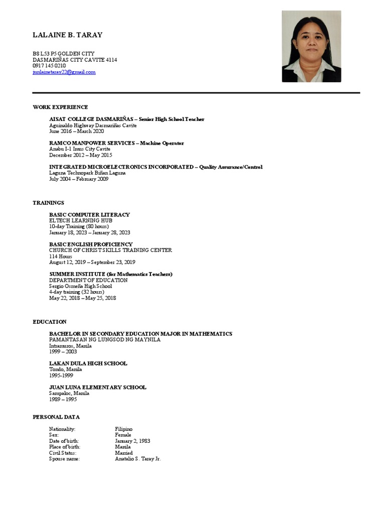 TARAY LALAINE B Resume | PDF