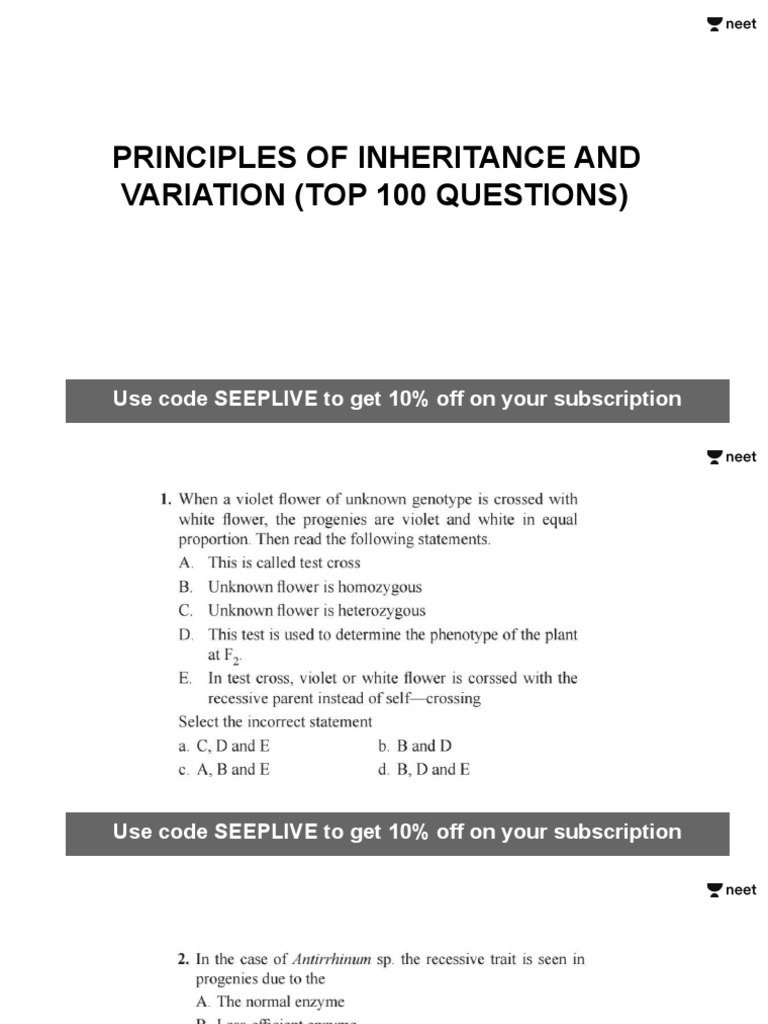 Principles of Inheritance and Variation - Top 100 Ques | PDF