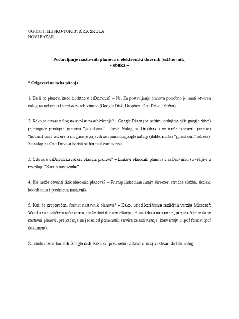 Kačenje Planova U EsDnevnik - Obuka | PDF