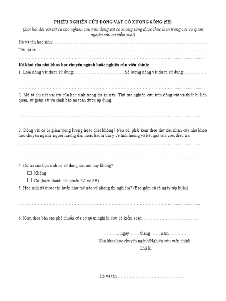 6 Phieu Nghien Cuu Dong Vat Co Xuong Song 5B | PDF