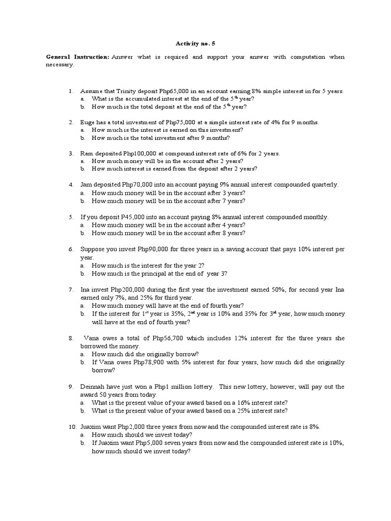 Activity No. 5 Time Value of Money Interest Rates Future and Present ...