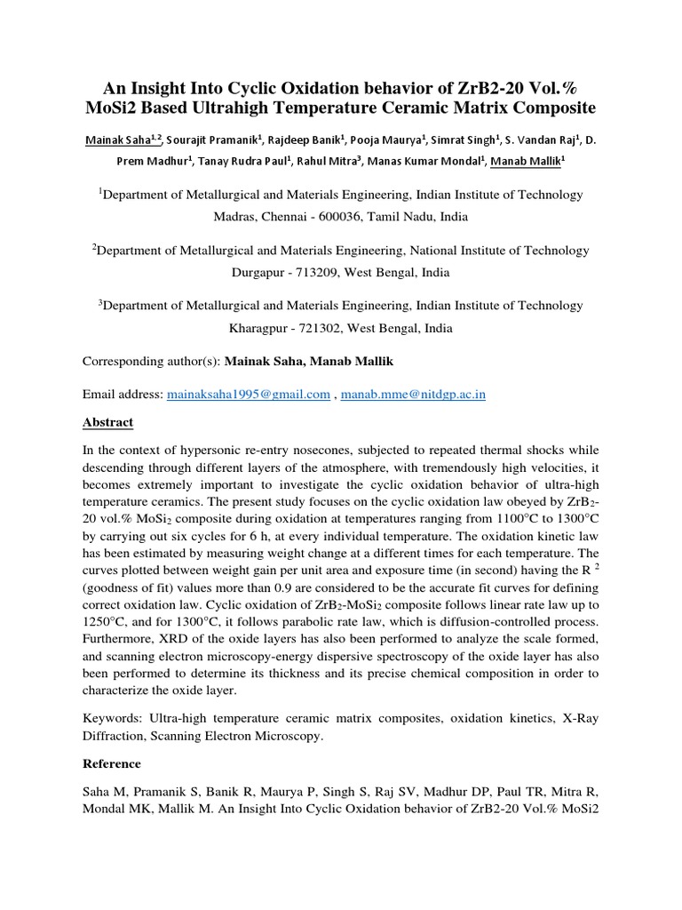 An Insight Into Cyclic Oxidation Behavior of ZrB2-20 Vol.% MoSi2 Based ... An Insight Into Cyclic Oxidation Behavior of ZrB2-20 Vol.% MoSi2 Based ...