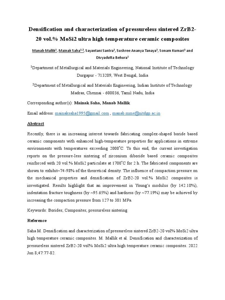 Densification and Characterization of Pressureless Sintered ZrB2-20 Vol ...