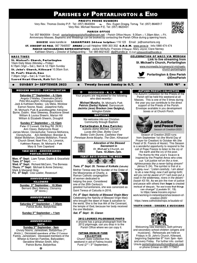 Portarlington & Emo Parish Information | PDF | Mother Teresa