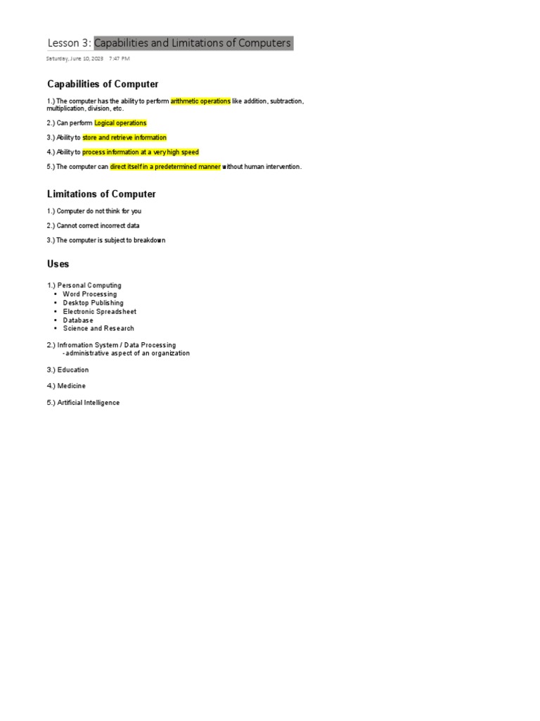 Capabilities and Limitations of Computers Notes | PDF