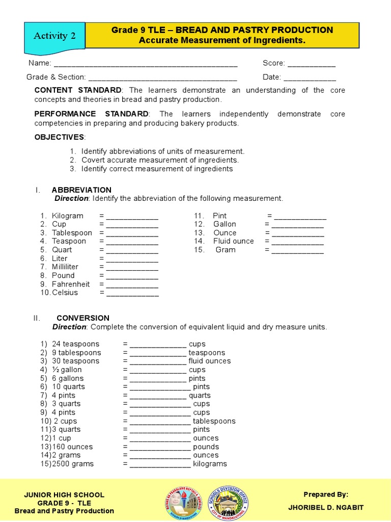 Activity Sheet 2 - TLE - Gr.9 - Bread and Pastry Production - Accurate Measurement of ...