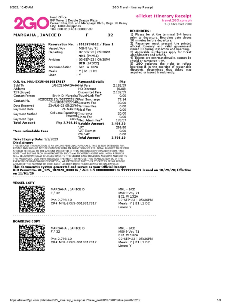 2GO Travel - Itinerary Receipt11 | PDF | Ticket (Admission) | Legal ...