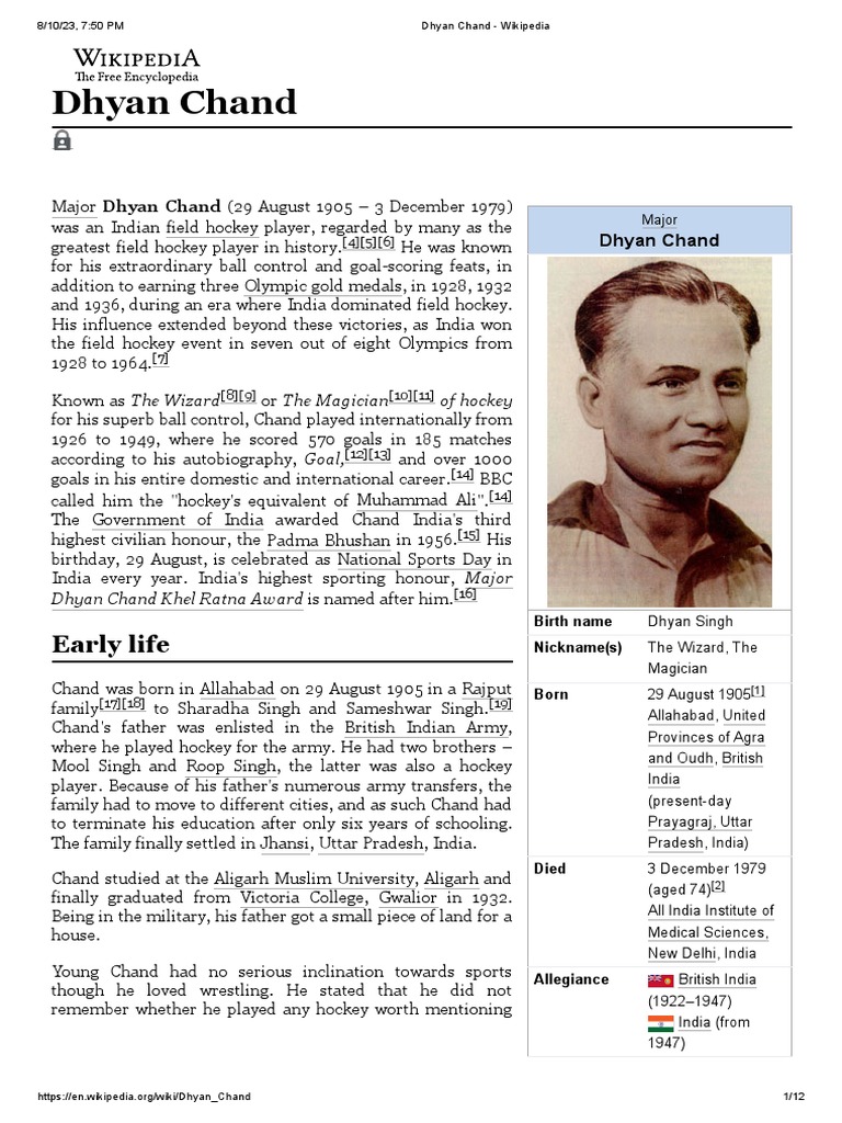 Dhyan Chand - Wikipedia | PDF | Sports
