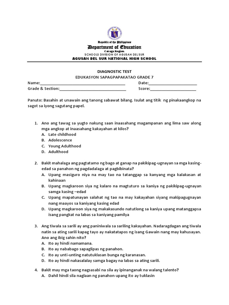EsP-Grade-7-Diagnostic-Test | PDF