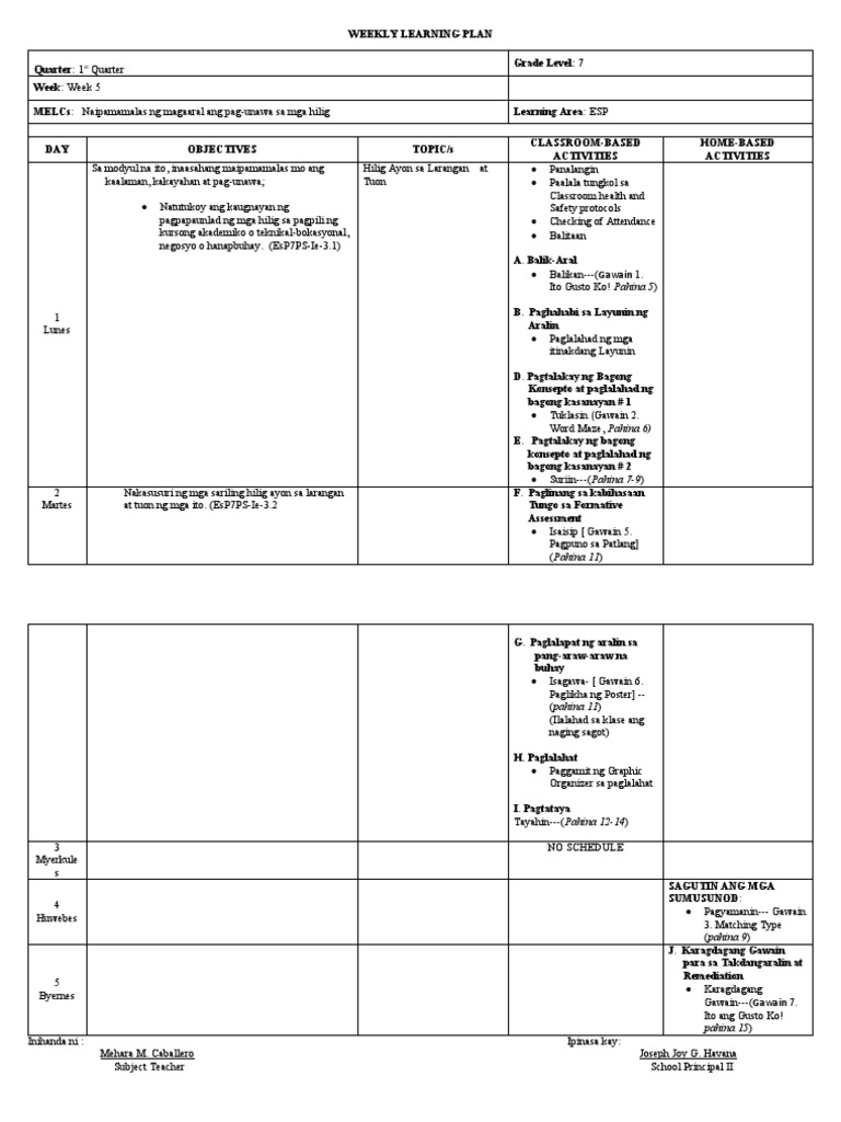 Weekly Learning Plan 5 | PDF