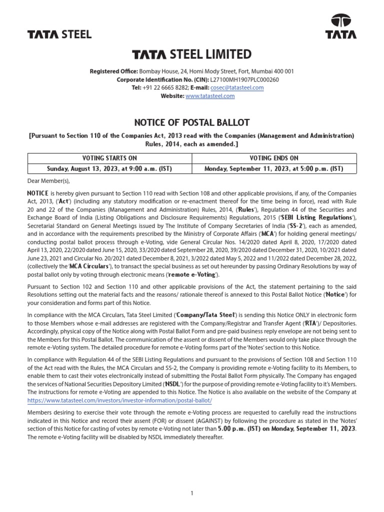Tata Steel Postal Ballot Notice 2023 | PDF | Login | Electronic Voting