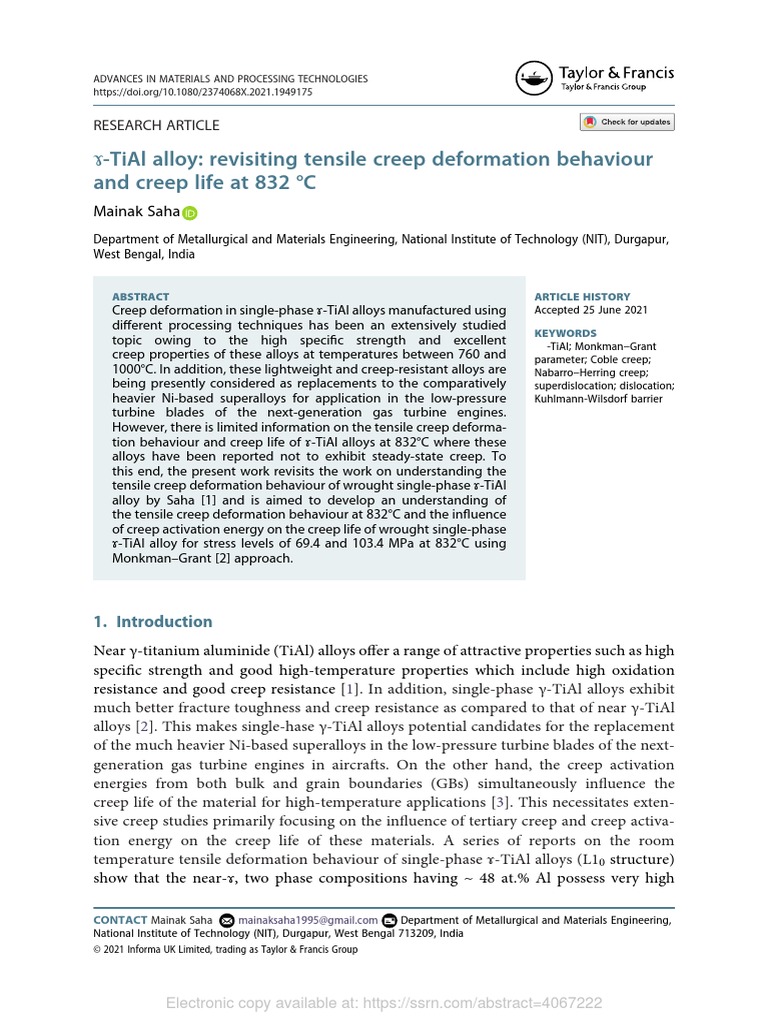ɤ Tial Alloy Revisiting Tensile Creep Deformation Behaviour And Creep