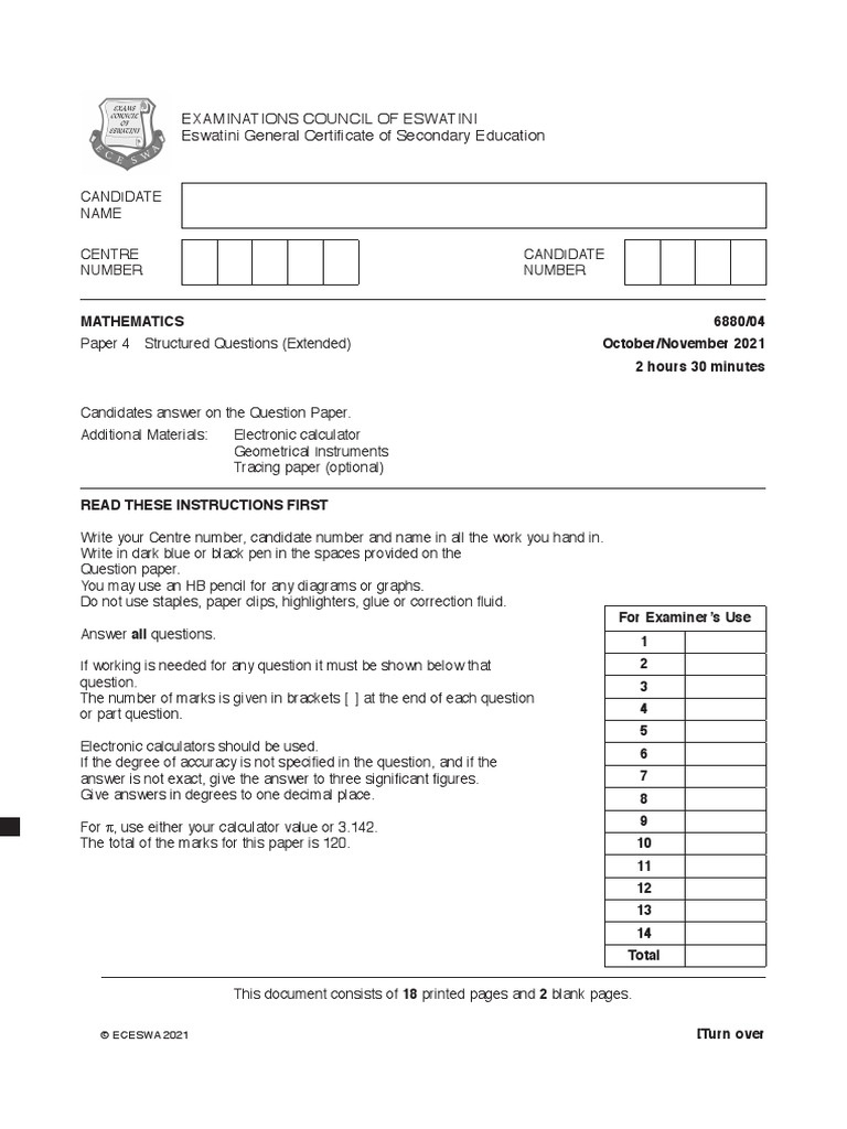 ECESWA 2021 Extended Maths Paper 4 | PDF