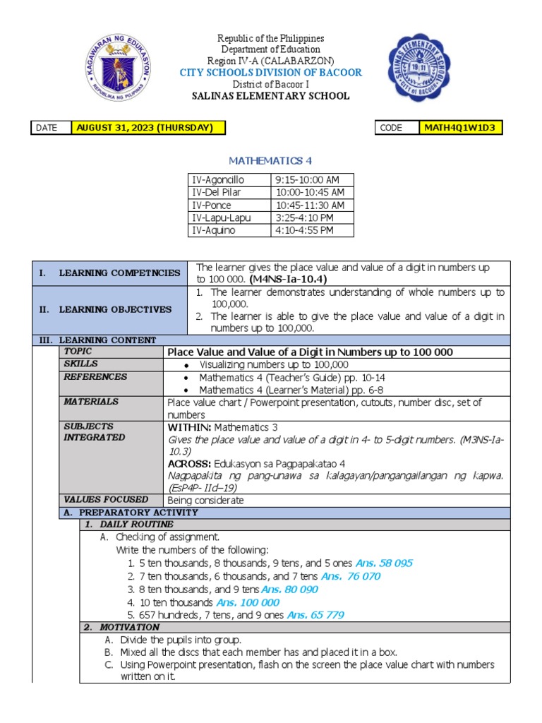 Math 4-Q1-Week 1-D3 | PDF | Learning | Cognition