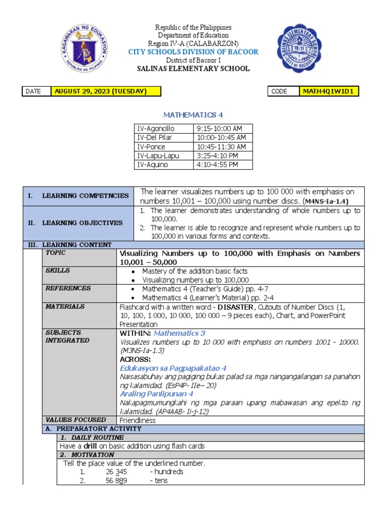 Math 4-Q1-Week 1-D1 | PDF | Learning | Cognition