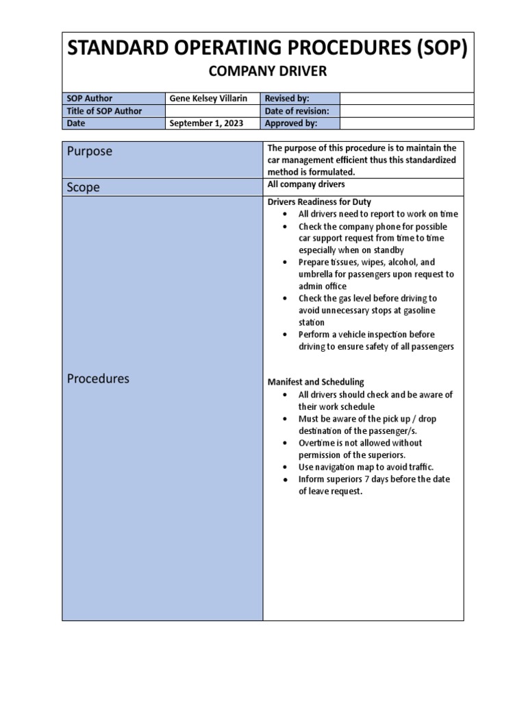 Company Driver - SOP | PDF | Driving