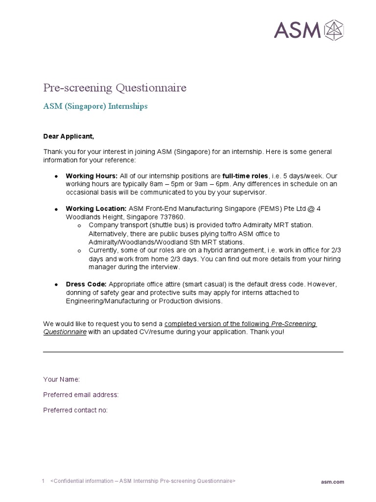 ASM Intern (SG) - Pre-Screening Questionnaire | PDF