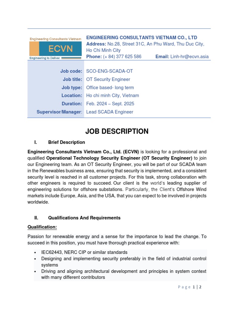 JD For OT Engineer | PDF | Scada | Business