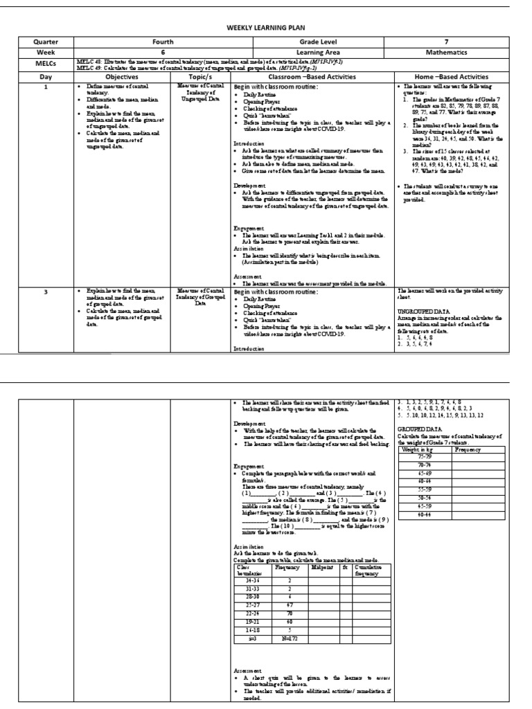 Math 7 - WEEKLY LEARNING PLAN | PDF