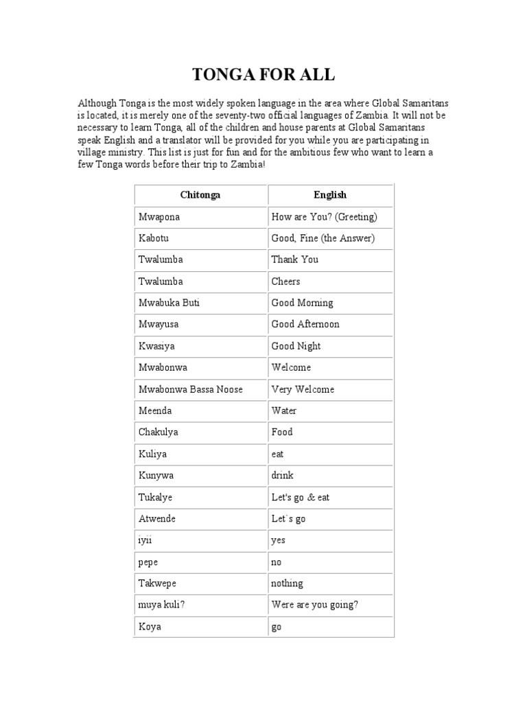 Tonga Words and Phrases | PDF