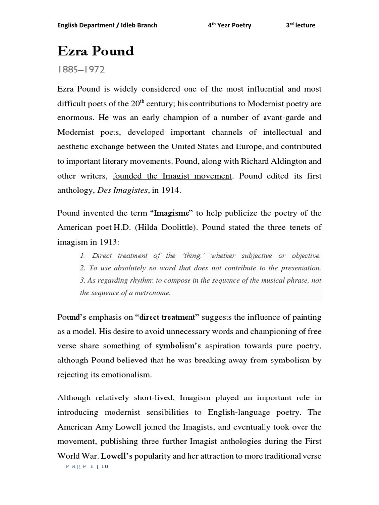 Ezra Pound 4th Year Poetry - 3rd Lecture | PDF