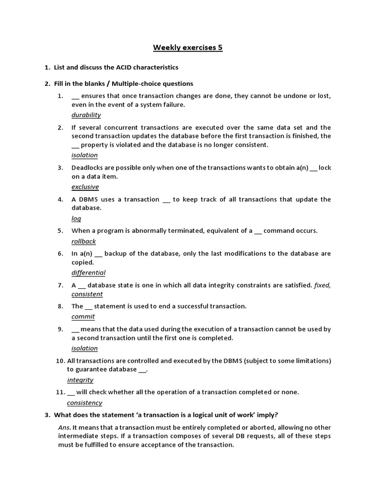 Week5 Solution | PDF | Database Transaction | Databases Week5 Solution | PDF | Database Transaction | Databases
