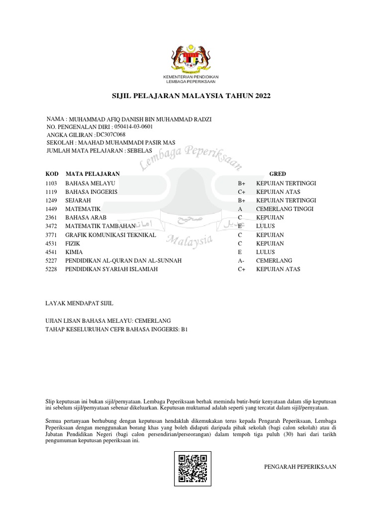 Sijil Pelajaran Malaysia Tahun 2022: KOD Mata Pelajaran Gred | PDF