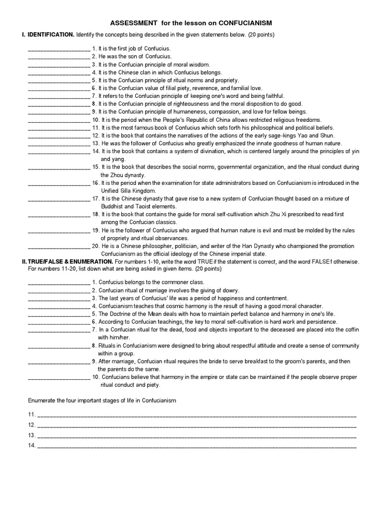 CONFUCIANISM Assessment | PDF | Confucianism | East Asian Religions