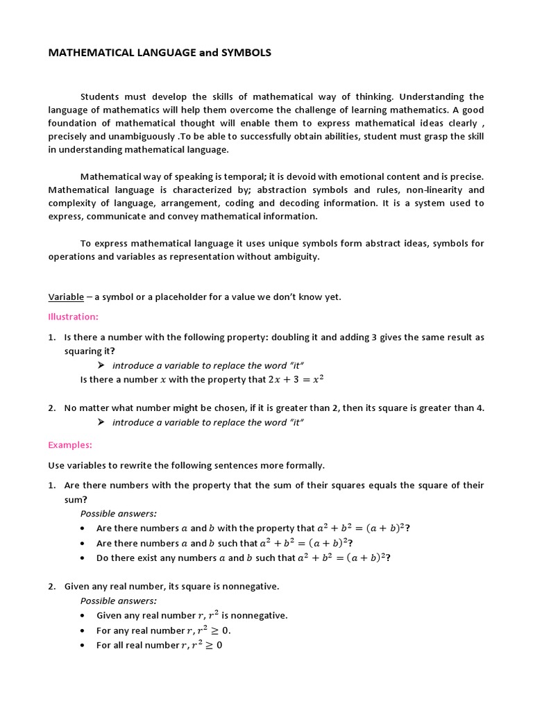 Mathematical Language and Symbols | PDF | Numbers | Real Number