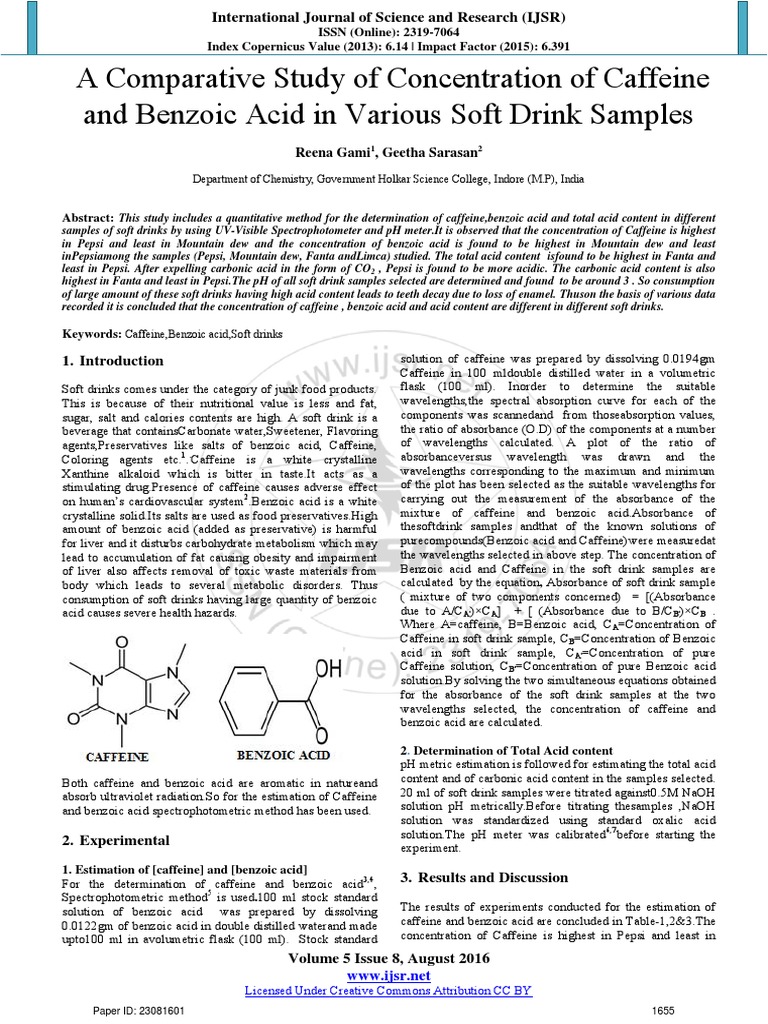 A Comparative Study of Concentration of Caffeine and Benzoic Acid in Various Soft Drink Samples ...