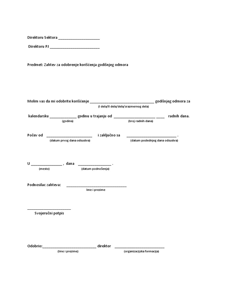 Zahtev Za Godisnji Odmor | PDF