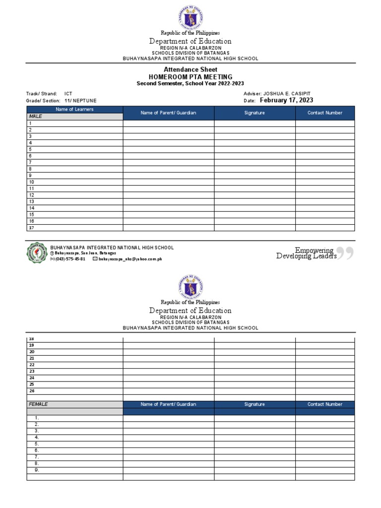 Attendance Sheet PTA Meeting | PDF