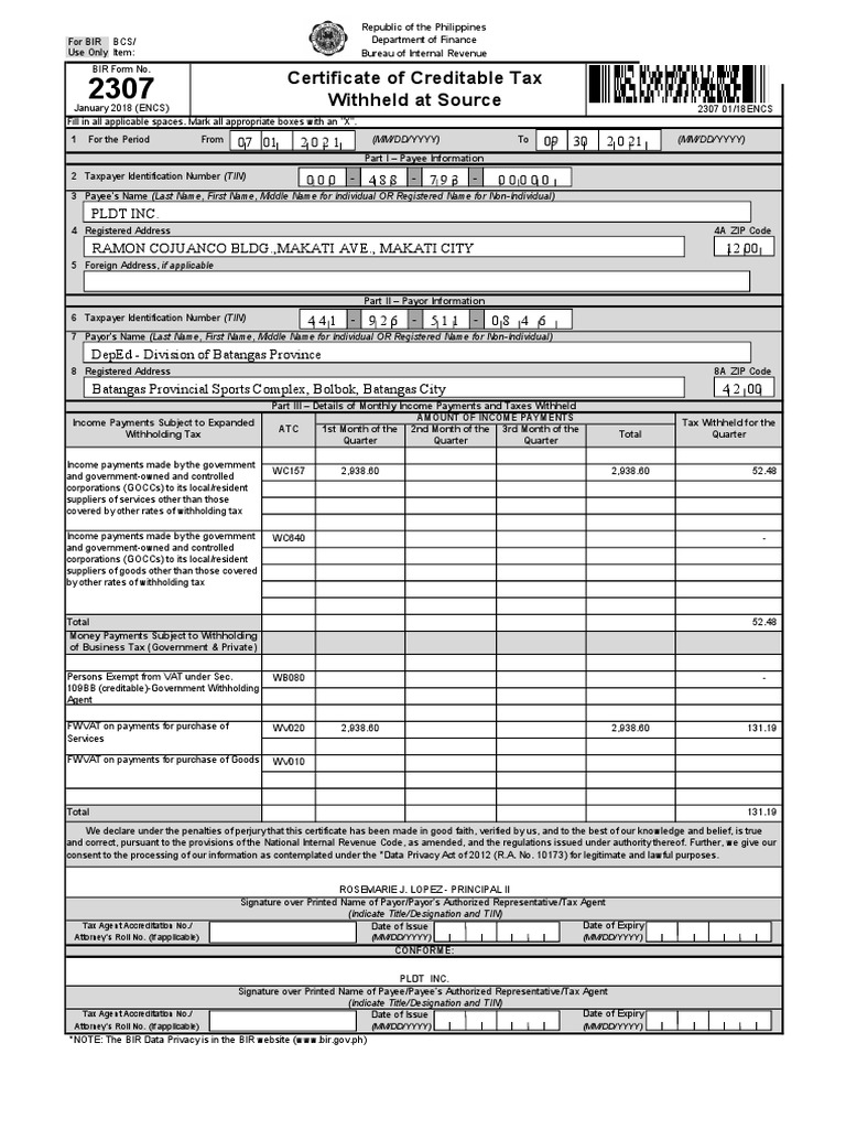 BIR Form 2307: Creditable Tax Withheld | PDF | Payments | Taxes