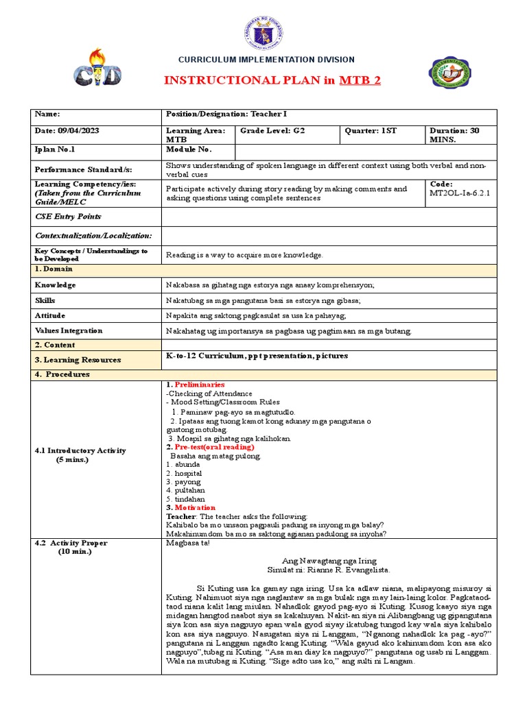 Instructional Plan in MTB2 | PDF