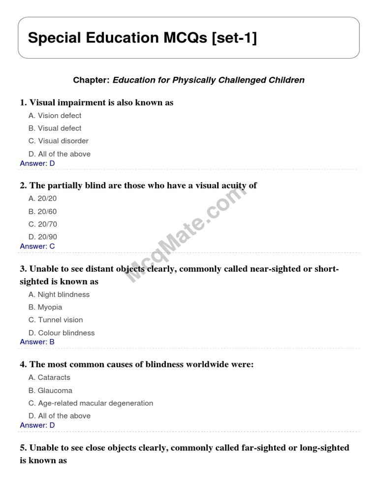 Education For Physically Challenged Children Set 1 | PDF | Visual Impairment | Hearing Loss