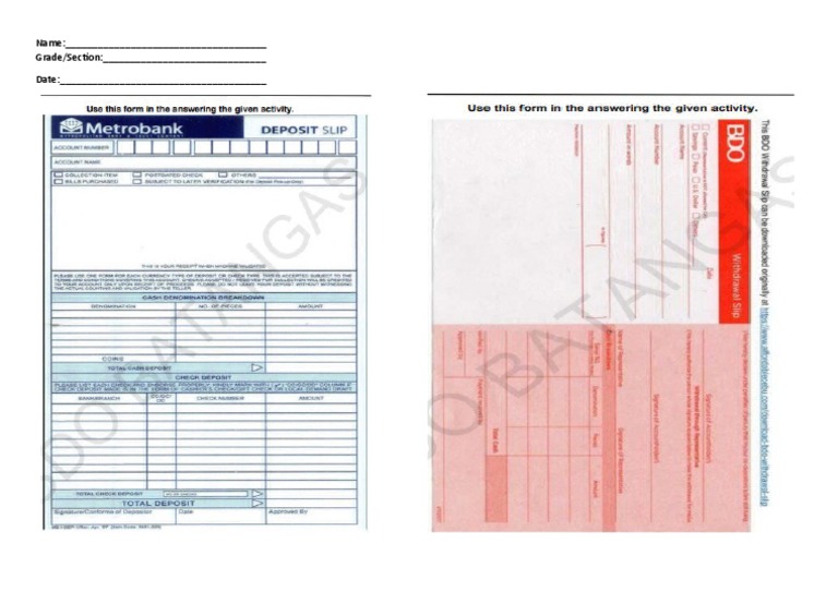 Bank Deposit and Withdrawal Slip | PDF