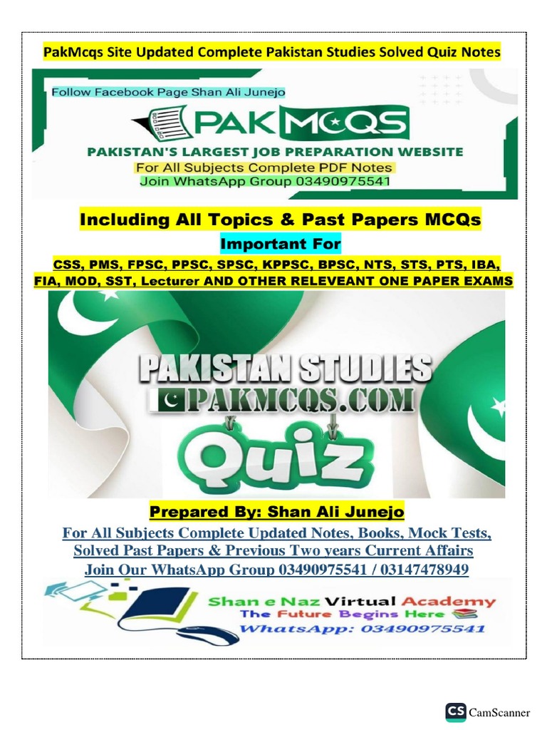 Pakmcqs_Site Pakistan Studies Notes by Shan Ali Junejo | PDF