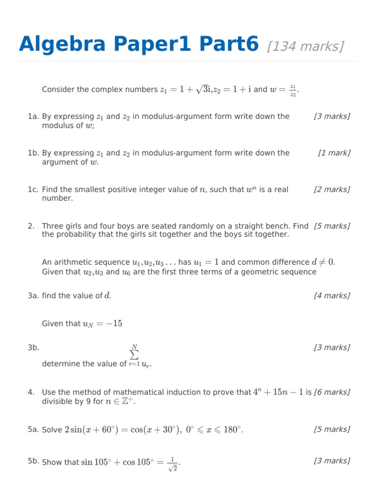 Algebra Paper1 Part6 | PDF | Complex Number | Numbers