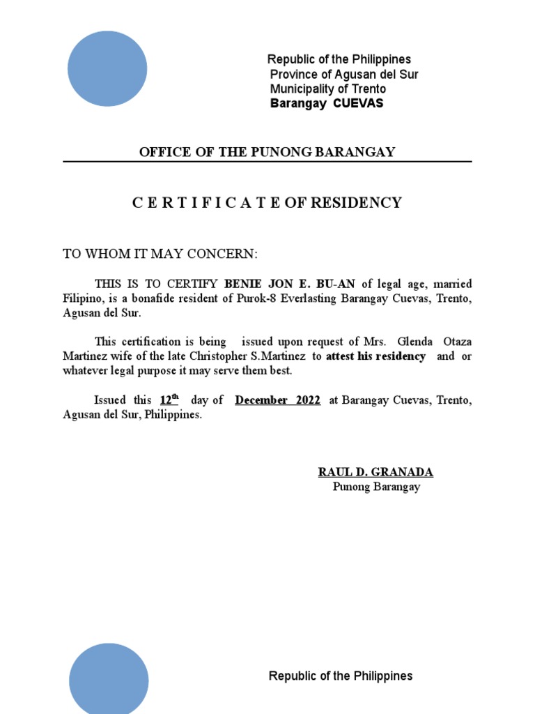 Certification of Residency | PDF | Philippines
