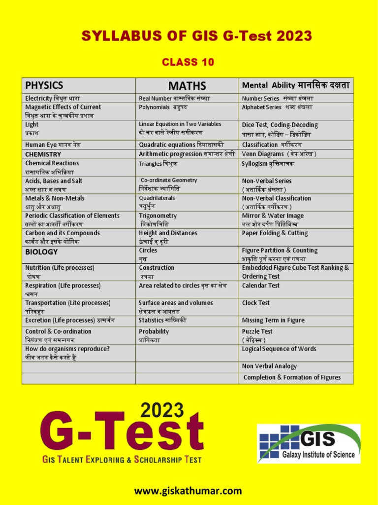 CLASS 10 G-Test 2023 SYLLABUS - 1672220763 | PDF