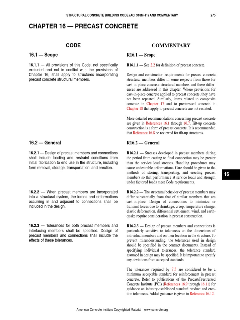 Chapter 16 - Precast Concrete - ACI 318M-11 (SI) | PDF