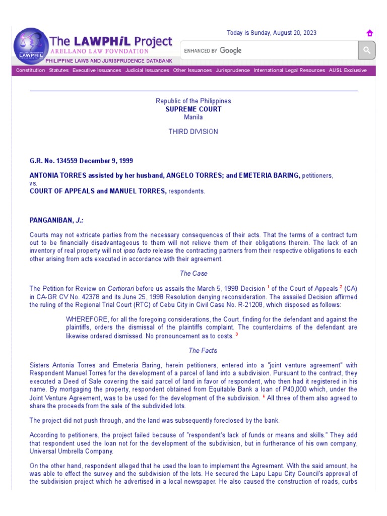 Antonia Torres v. CA and Manuel Torres, G.R. 134559, December 9, 1999 | PDF